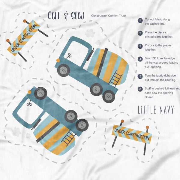 Cut & Sew (Fabric Panel) - Construction Cement Truck - Little Navy